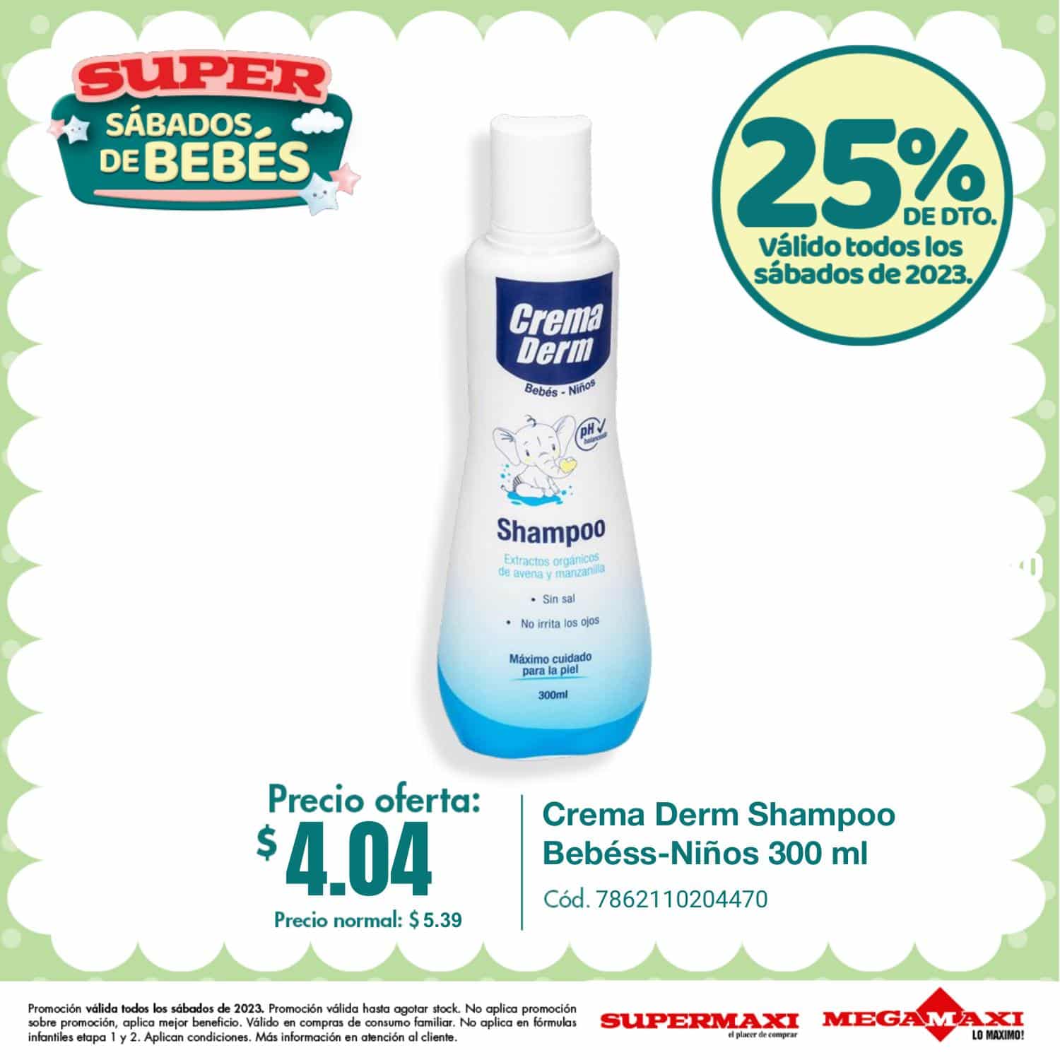 Shampoo Para Cabello De Bebés-Niños CREMA DERM 300 Ml - Supermaxi