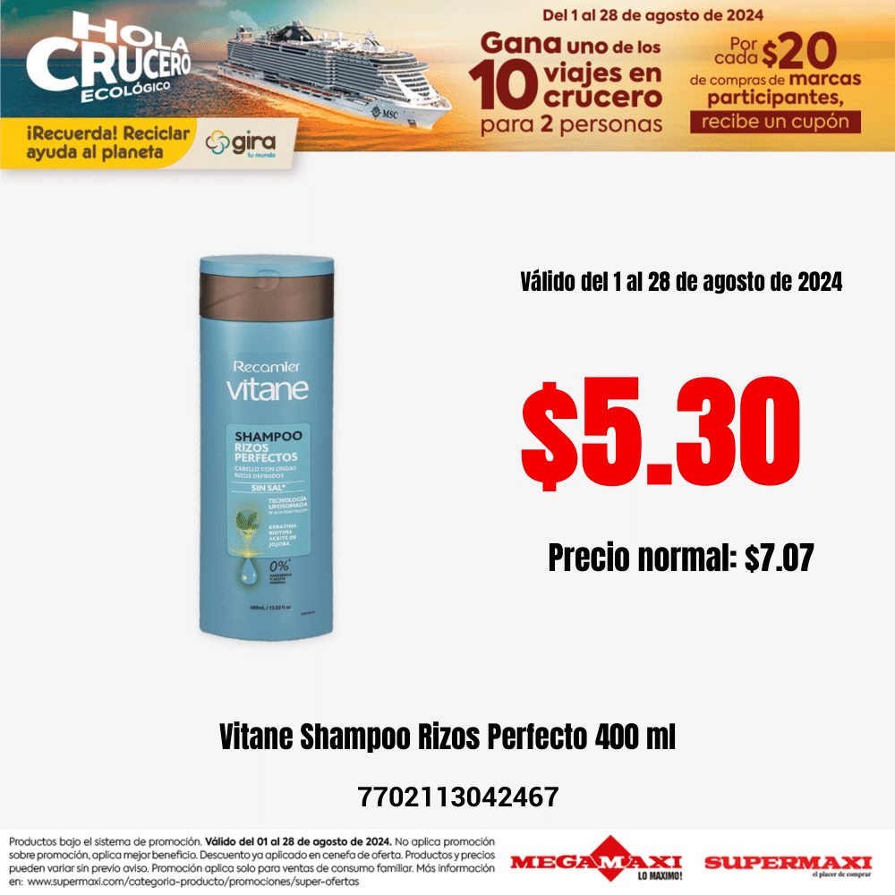 Shampoo Para Cabello Rizos Perfecto VITANE 400 Ml - Supermaxi