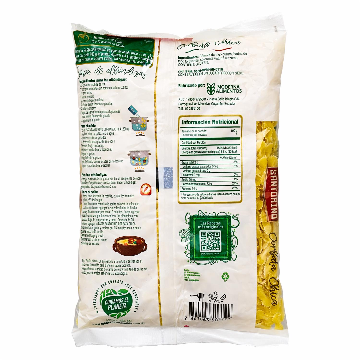 Pasta Corbata Chica SANTORINO 400 G - Supermaxi