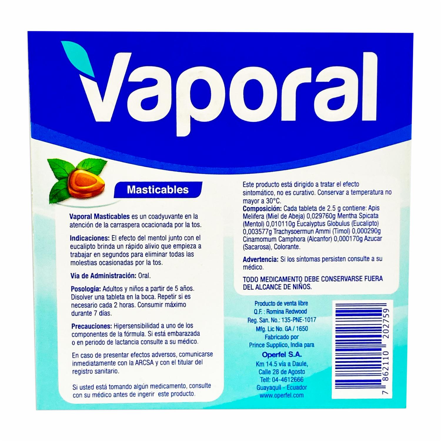 Expectorante Masticable En Tabletas Sabor Mentol Eucaliptus VAPORAL 50 ...