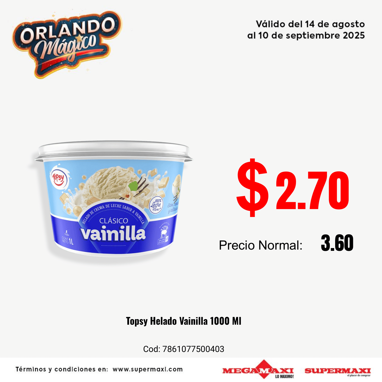 Helado De Vainilla TOPSY 1000 Ml - Supermaxi
